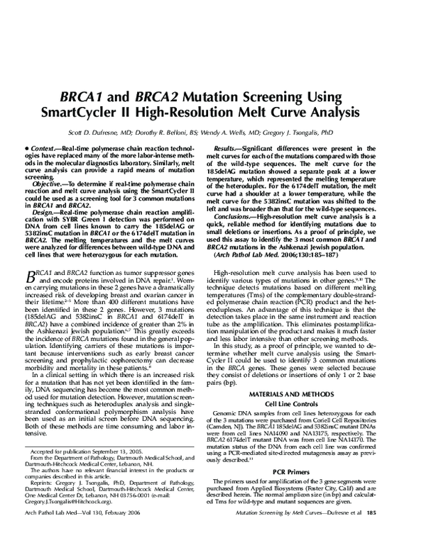 (PDF) BRCA1 and BRCA2 mutation screening using SmartCycler II high-resolution melt curve analysis