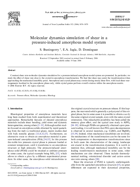 (PDF) Molecular dynamics simulation of shear in a pressure-induced ...