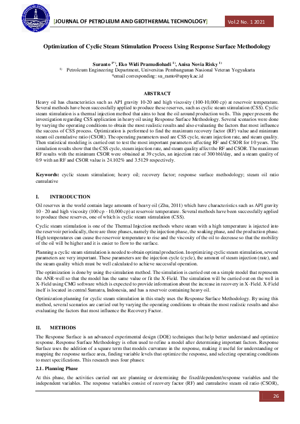 (PDF) Optimization of Cyclic Steam Stimulation Process Using Response ...