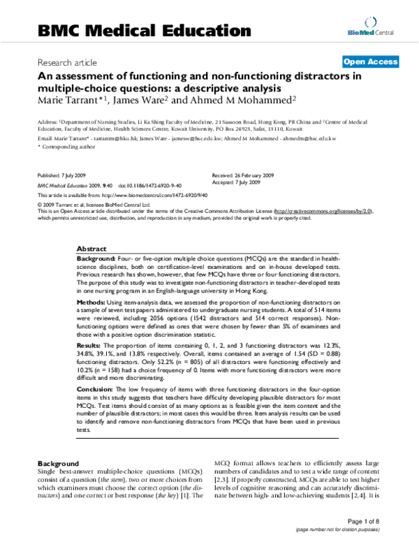(PDF) An assessment of functioning and non-functioning distractors in multiple-choice questions ...