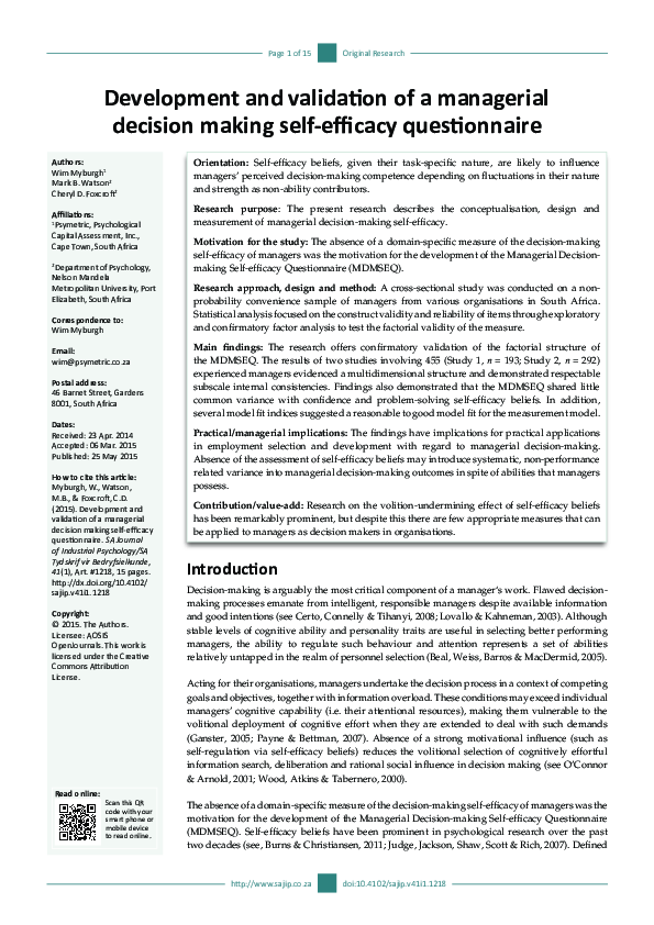 (PDF) Development and validation of a managerial decision making self ...