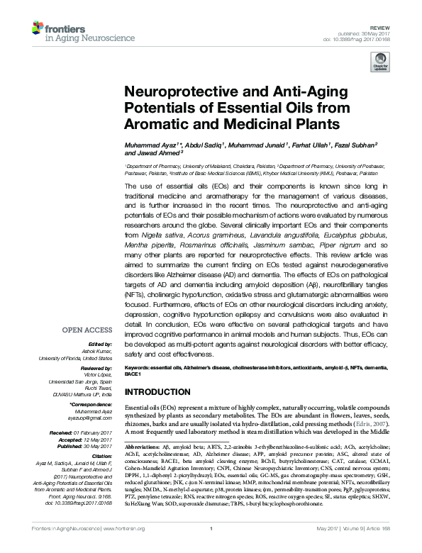 (PDF) Neuroprotective and Anti-Aging Potentials of Essential Oils from Aromatic and Medicinal Plants