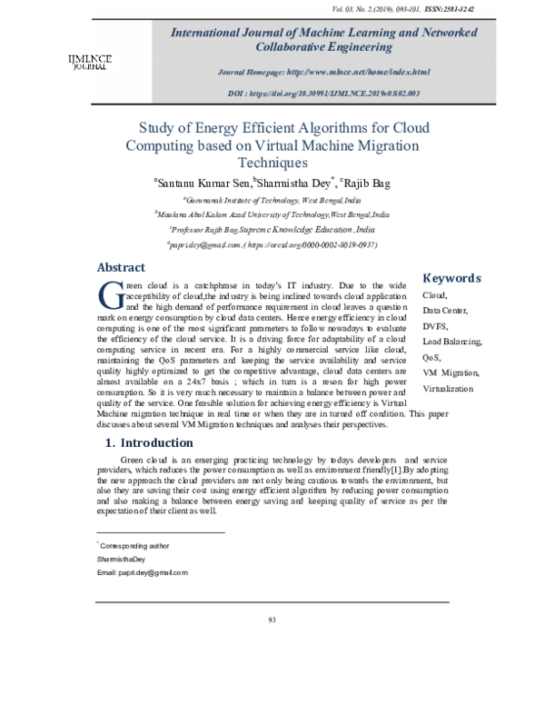 (PDF) Study of Energy Efficient Algorithms for Cloud Computing based on Virtual Machine ...