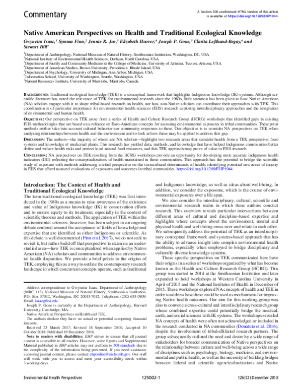 (PDF) Native American Perspectives on Health and Traditional Ecological ...