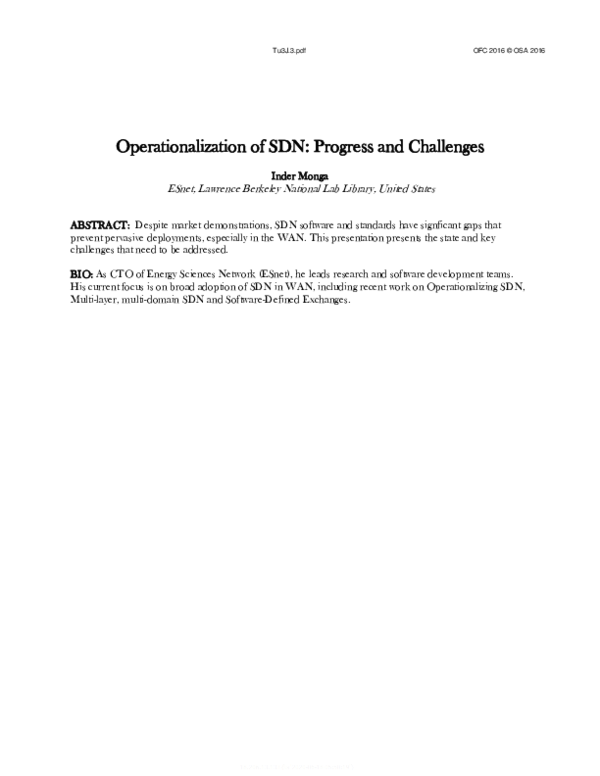 (PDF) Operationalization of SDN: Progress and Challenges