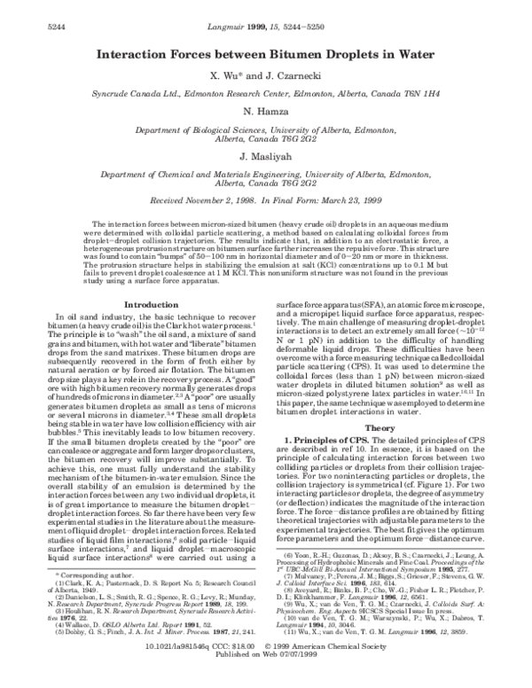 (PDF) Interaction Forces between Bitumen Droplets in Water