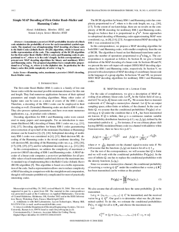 (PDF) Simple MAP Decoding of First-Order Reed-Muller and Hamming Codes | Simon Litsyn - Academia.edu