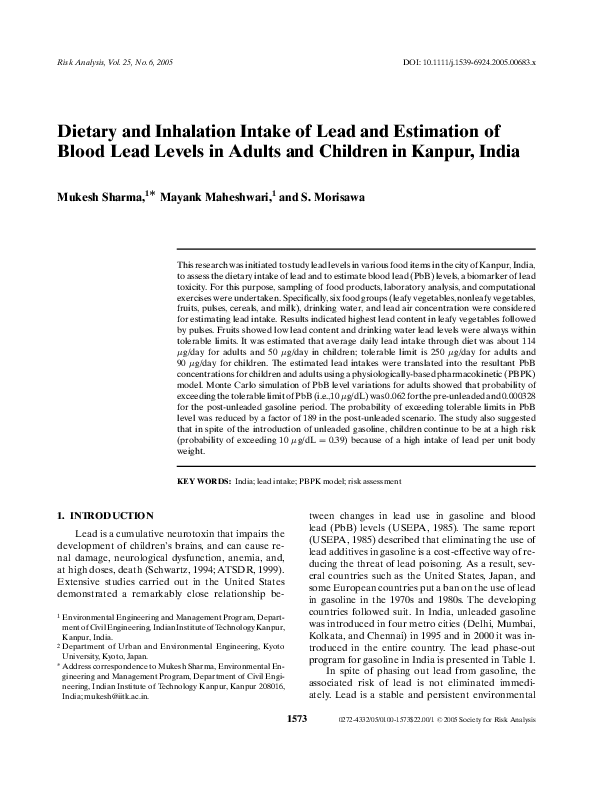(PDF) Dietary and Inhalation Intake of Lead and Estimation of Blood ...