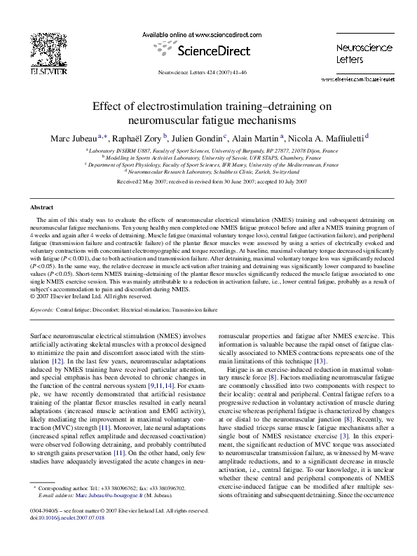 (PDF) Effect of electrostimulation training–detraining on neuromuscular fatigue mechanisms