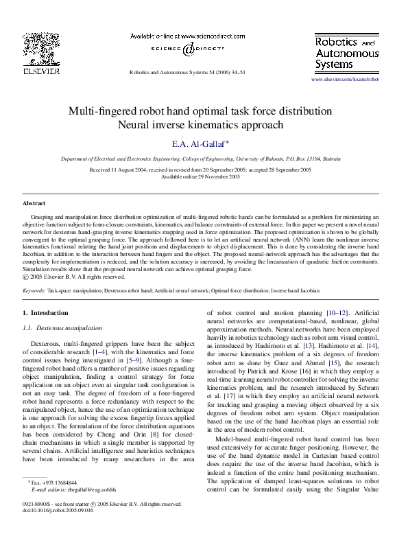 Pdf Multi Fingered Robot Hand Optimal Task Force Distribution Neural Inverse Kinematics Approach