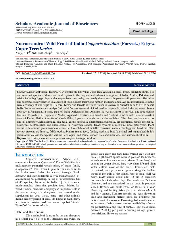 (PDF) Nutraceautical Wild Fruit of India-Capparis decidua (Forssek ...