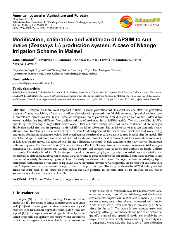 (PDF) Modification, calibration and validation of APSIM to suit maize (Zeamays L.) production ...