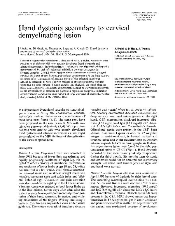 (PDF) Hand dystonia secondary to cervical demyelinating lesion