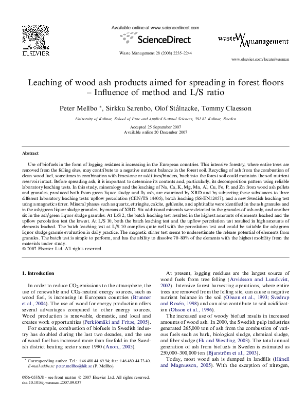 (PDF) Leaching of wood ash products aimed for spreading in forest ...