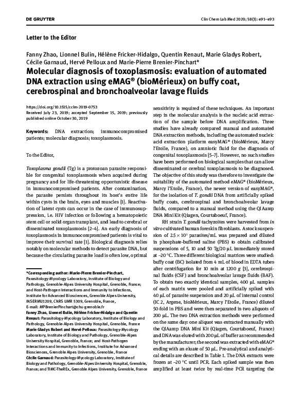 (PDF) Molecular diagnosis of toxoplasmosis: evaluation of automated DNA ...