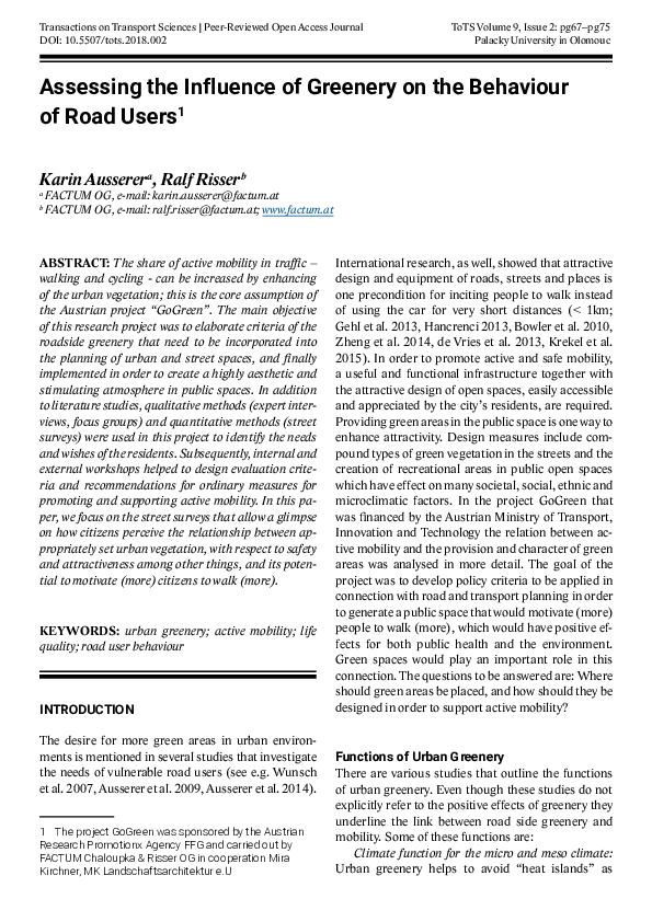 (PDF) Assessing the Influence of Greenery on the Behaviour of Road Users 1