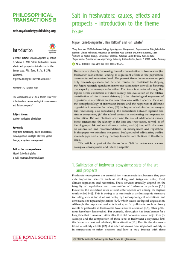(PDF) Salt in freshwaters: causes, effects and prospects - introduction ...