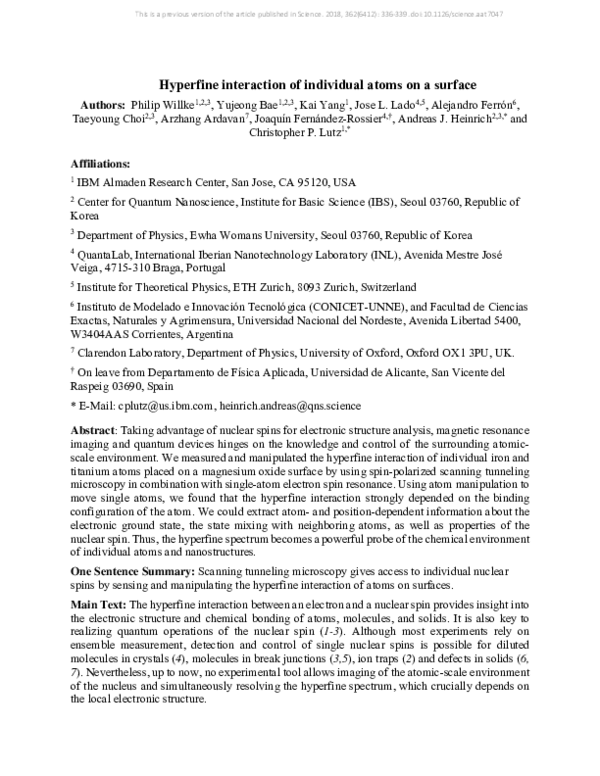(PDF) Hyperfine interaction of individual atoms on a surface