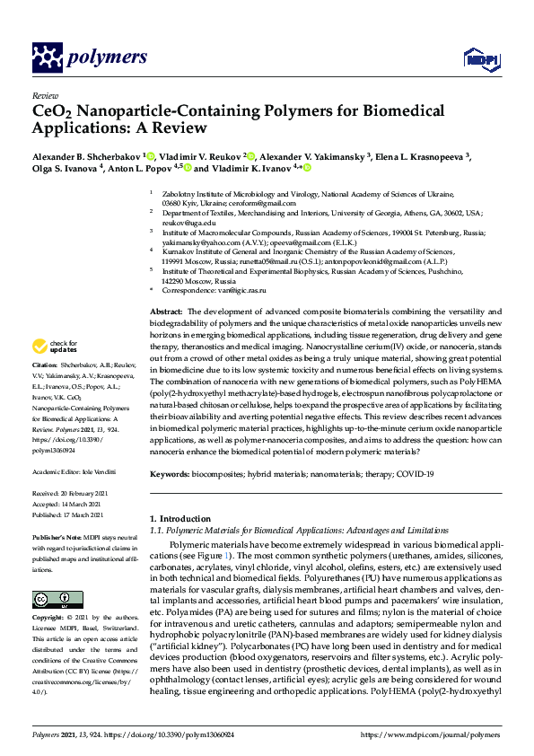 (PDF) CeO2 Nanoparticle-Containing Polymers for Biomedical Applications ...