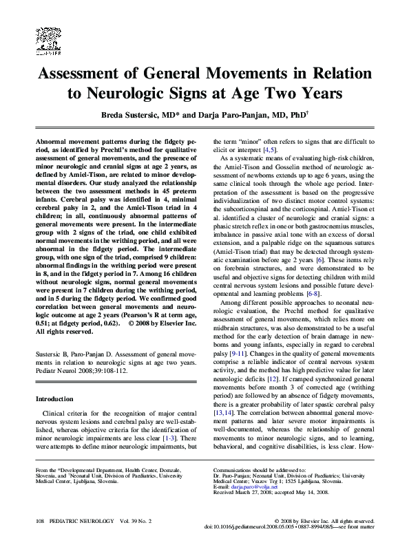 (PDF) Assessment of General Movements in Relation to Neurologic Signs ...
