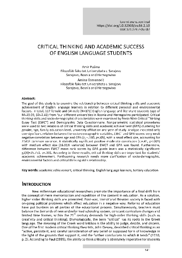 (PDF) Critical thinking and academic succes of english language students