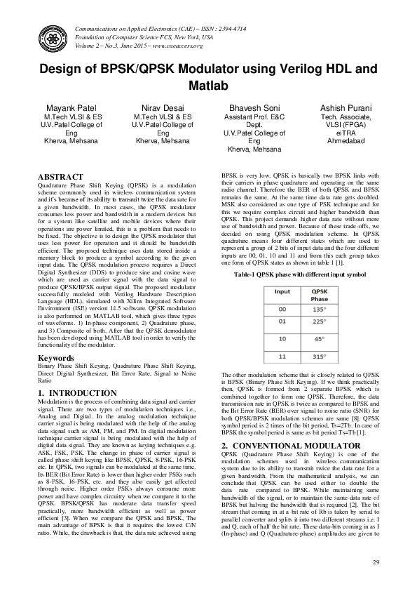 (PDF) Design of BPSK/QPSK Modulator using Verilog HDL and Matlab