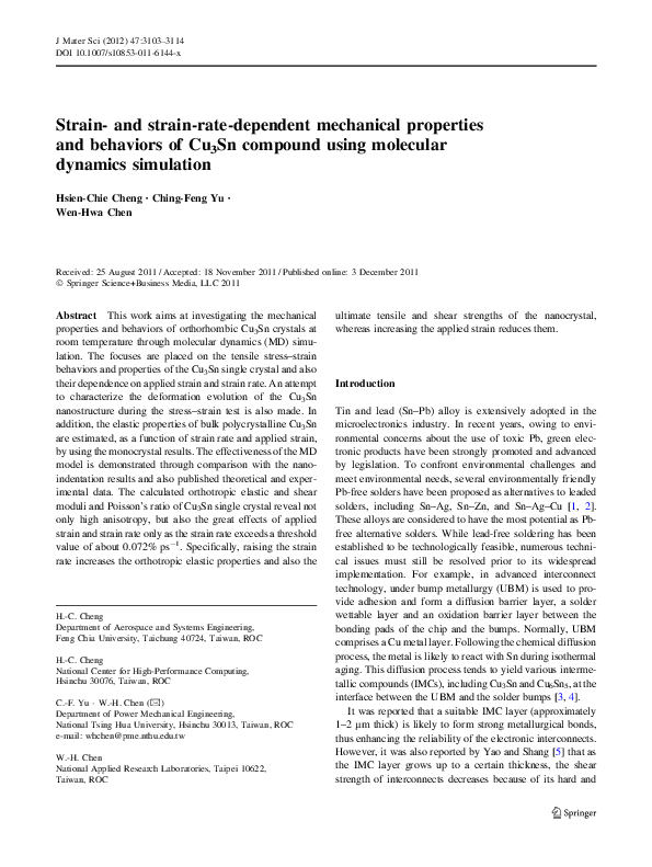 (PDF) Strain- and strain-rate-dependent mechanical properties and behaviors of Cu3Sn compound ...