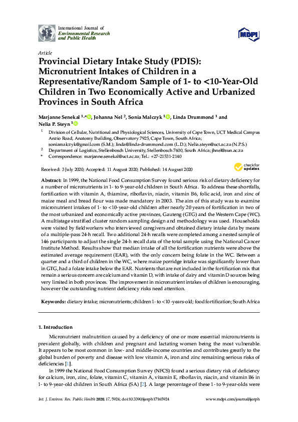 (PDF) Provincial Dietary Intake Study (PDIS): Micronutrient Intakes of ...