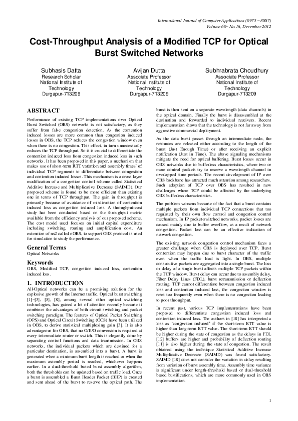 (PDF) Cost-Throughput Analysis of a Modified TCP for Optical Burst Switched Networks