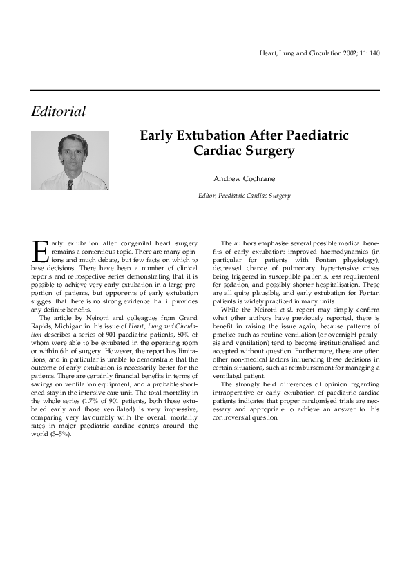 (PDF) Early extubation after paediatric cardiac surgery | Andrew ...