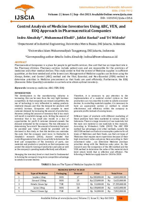 (PDF) Control Analysis of Medicine Inventories Using ABC, Ven, and EOQ ...