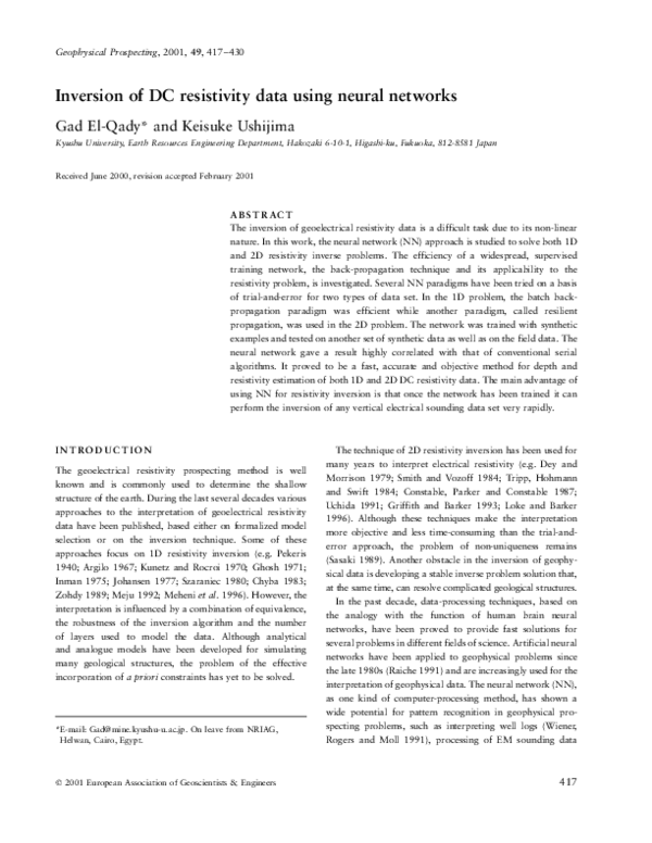 (PDF) Inversion of DC resistivity data using neural networks