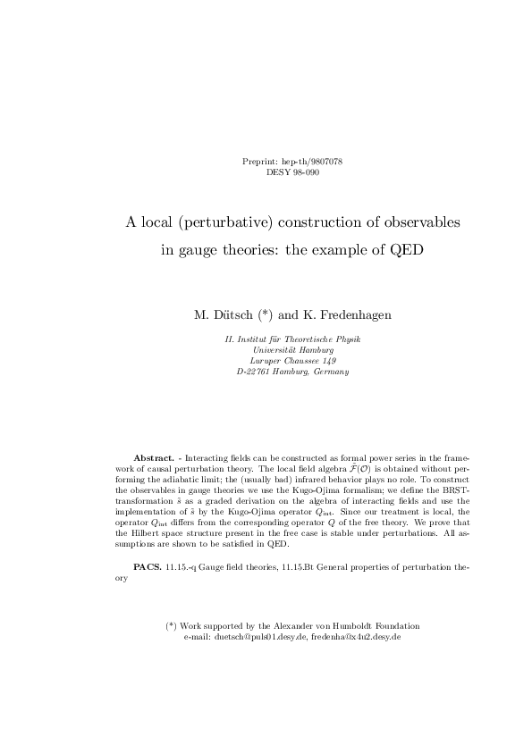 (PDF) A Local (Perturbative) Construction of Observables in Gauge Theories: The Example of QED