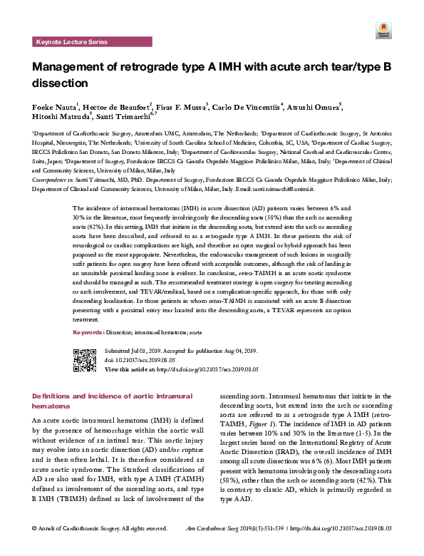 (PDF) Management of retrograde type A IMH with acute arch tear/type B ...