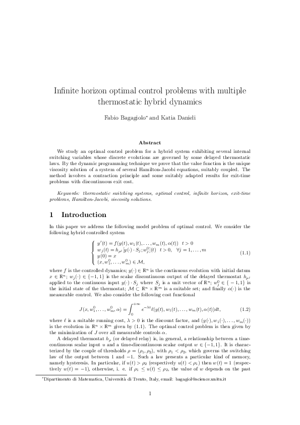 (PDF) Infinite horizon optimal control problems with multiple thermostatic hybrid dynamics