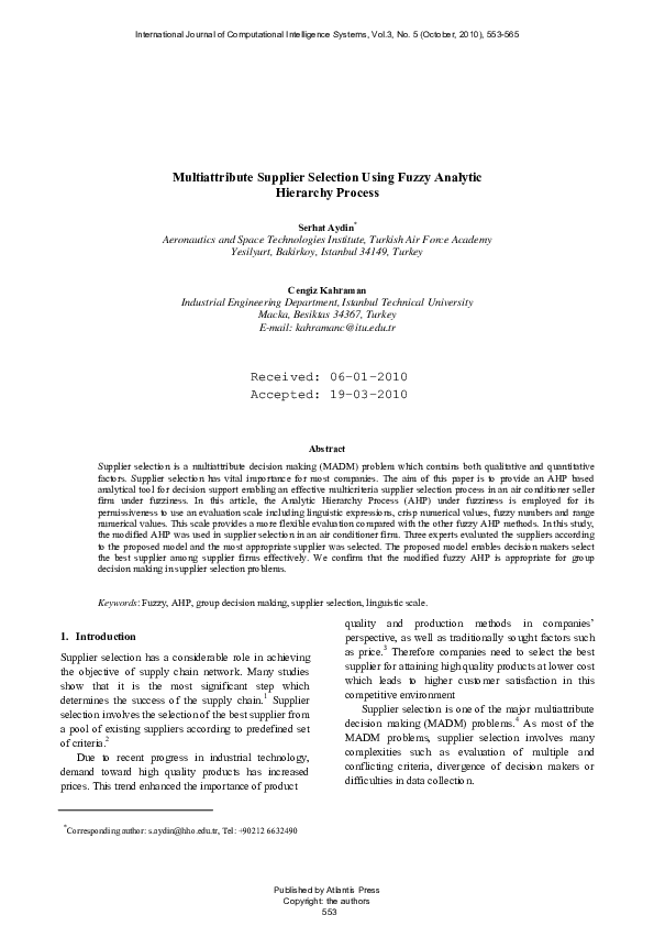 Pdf Multiattribute Supplier Selection Using Fuzzy Analytic Hierarchy