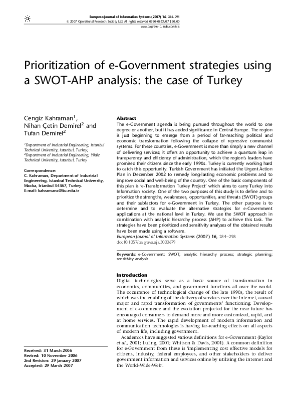 (PDF) Prioritization of e-Government strategies using a SWOT-AHP ...