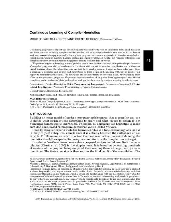 (PDF) Continuous learning of compiler heuristics