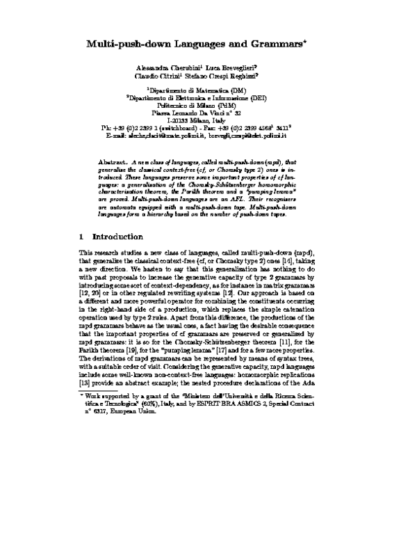 Pdf Multi Push Down Languages And Grammars