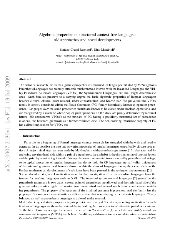 (PDF) Algebraic properties of structured context-free languages: old approaches and novel ...