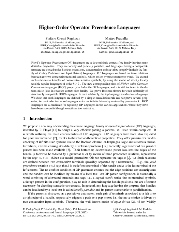 (PDF) Higher-Order Operator Precedence Languages