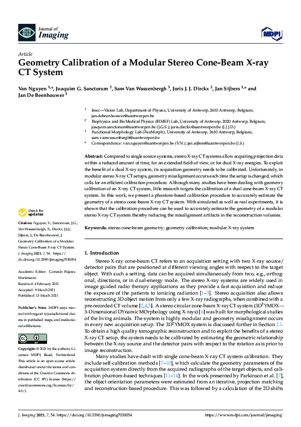 Pdf Geometry Calibration Of A Modular Stereo Cone Beam X Ray Ct System