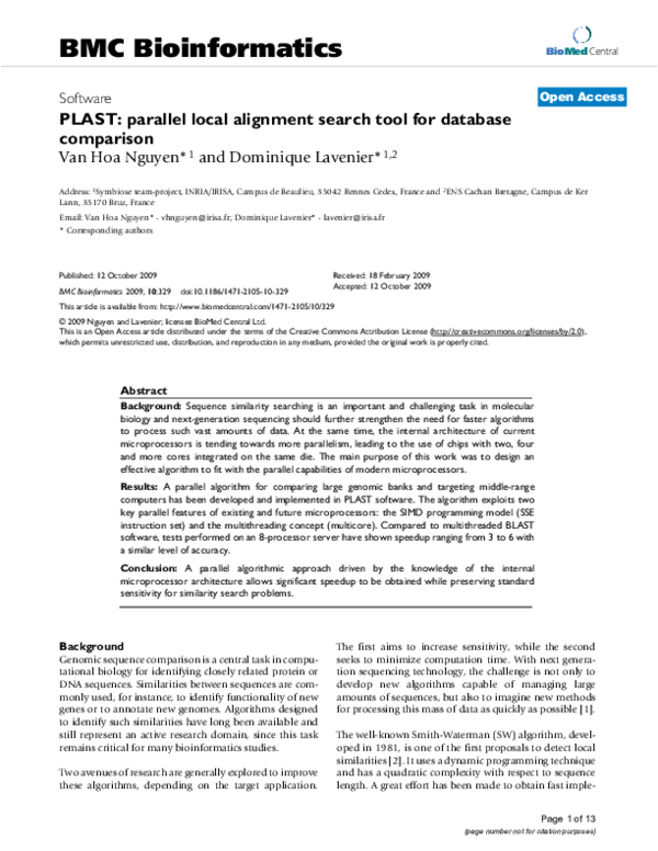 (PDF) PLAST: parallel local alignment search tool for database comparison | van luong nguyen ...