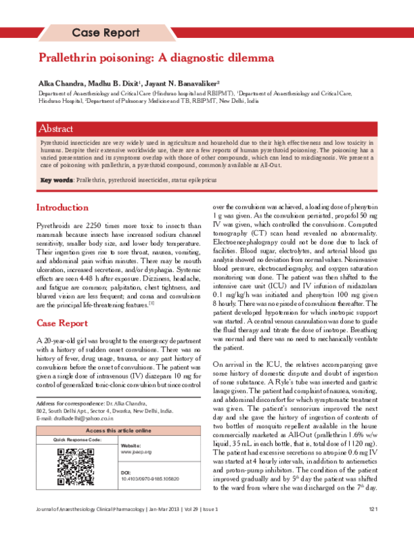(PDF) Prallethrin poisoning: A diagnostic dilemma