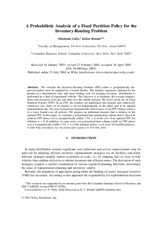 (PDF) A probabilistic analysis of a fixed partition policy for the inventory-routing problem