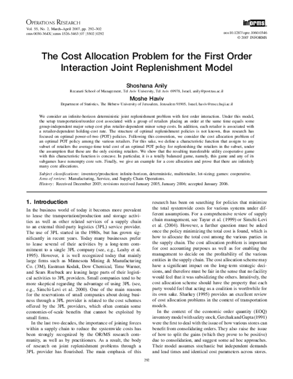 (PDF) The Cost Allocation Problem for the First Order Interaction Joint Replenishment Model