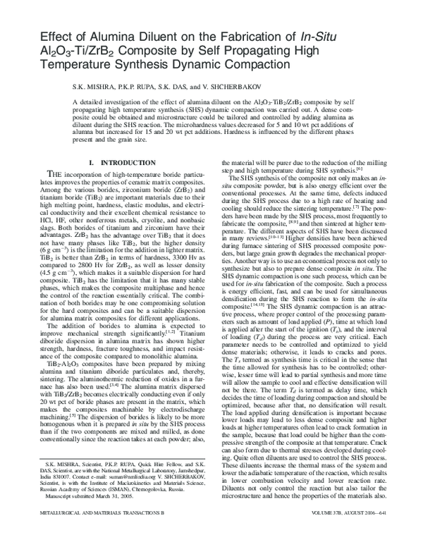 Effect of alumina diluent on the fabrication of in-situ Al2O3-Ti/ZrB2 composite by self ...