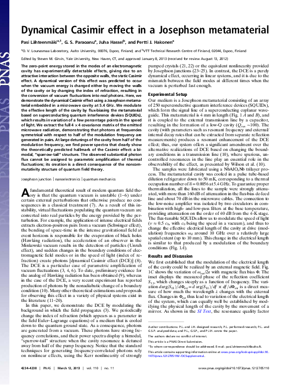 (PDF) Dynamical Casimir effect in a Josephson metamaterial