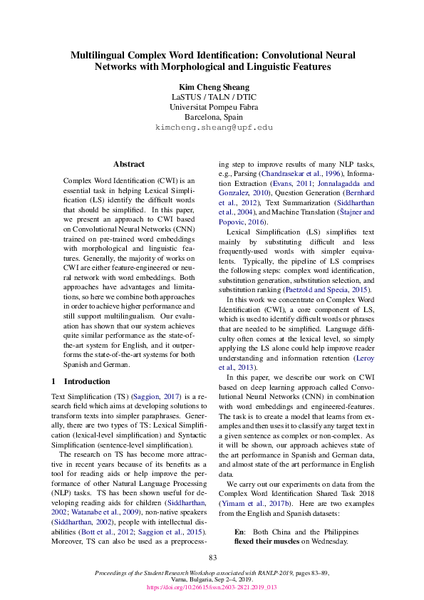 Pdf Multilingual Complexword Identification Convolutional Neural Networks With Morphological