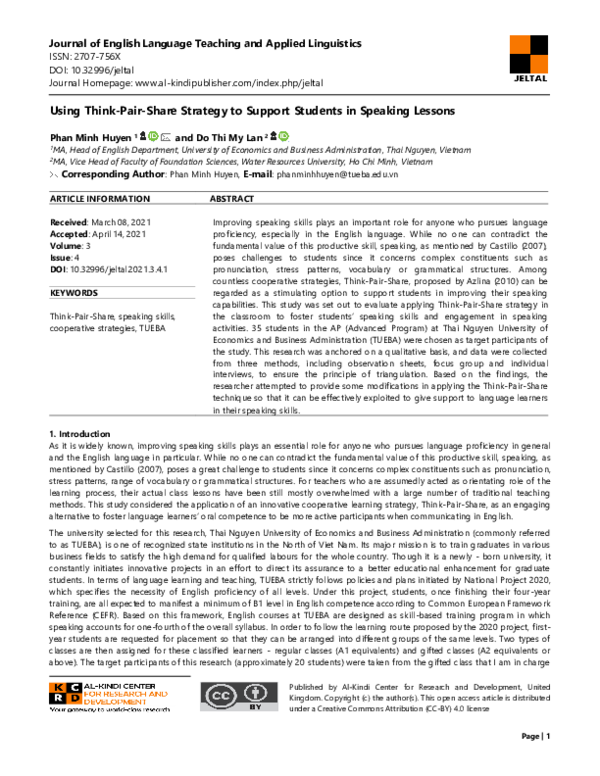 (PDF) Using Think-Pair-Share Strategy to Support Students in Speaking Lessons